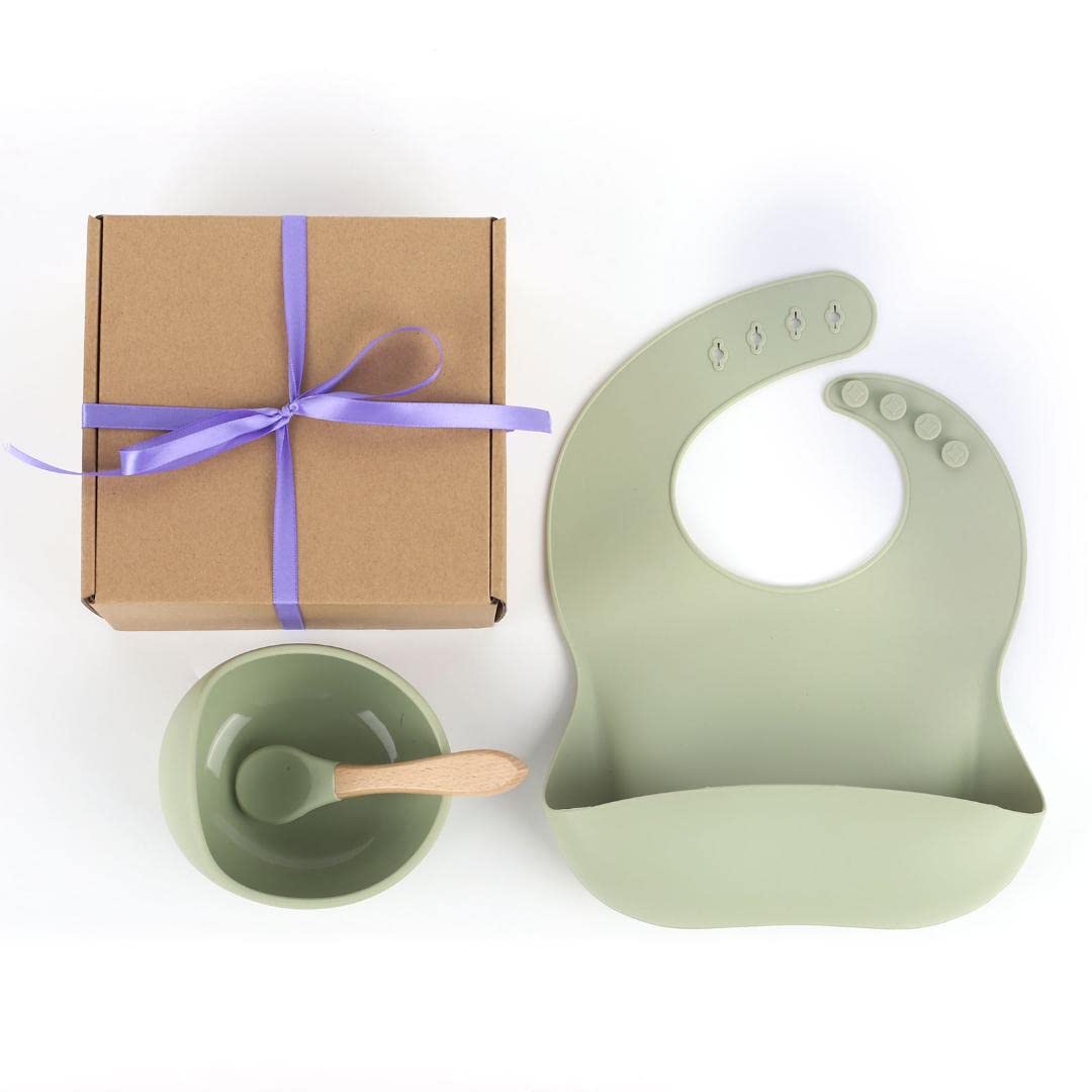 Trio Silicon Baby Feeding set bib,bowl and spoon in a gift box (mint green)