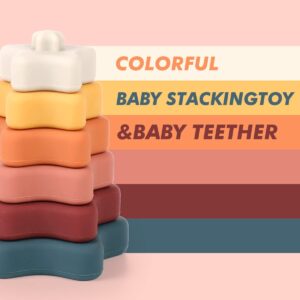 haakaa Silicone Star Stacking Toys, Baby Stacking Rings Baby Stacking Toys & Baby Teether, Boho Baby Toys Stacking Blocks, Silicone Infant Toys, Star Shape, 6Pacs.