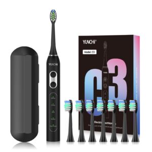 yunchi y2 charcoal sonic electric toothbrush - whitening, 5 modes, smart timer, 8 brush heads, rechargeable, for adults and kids