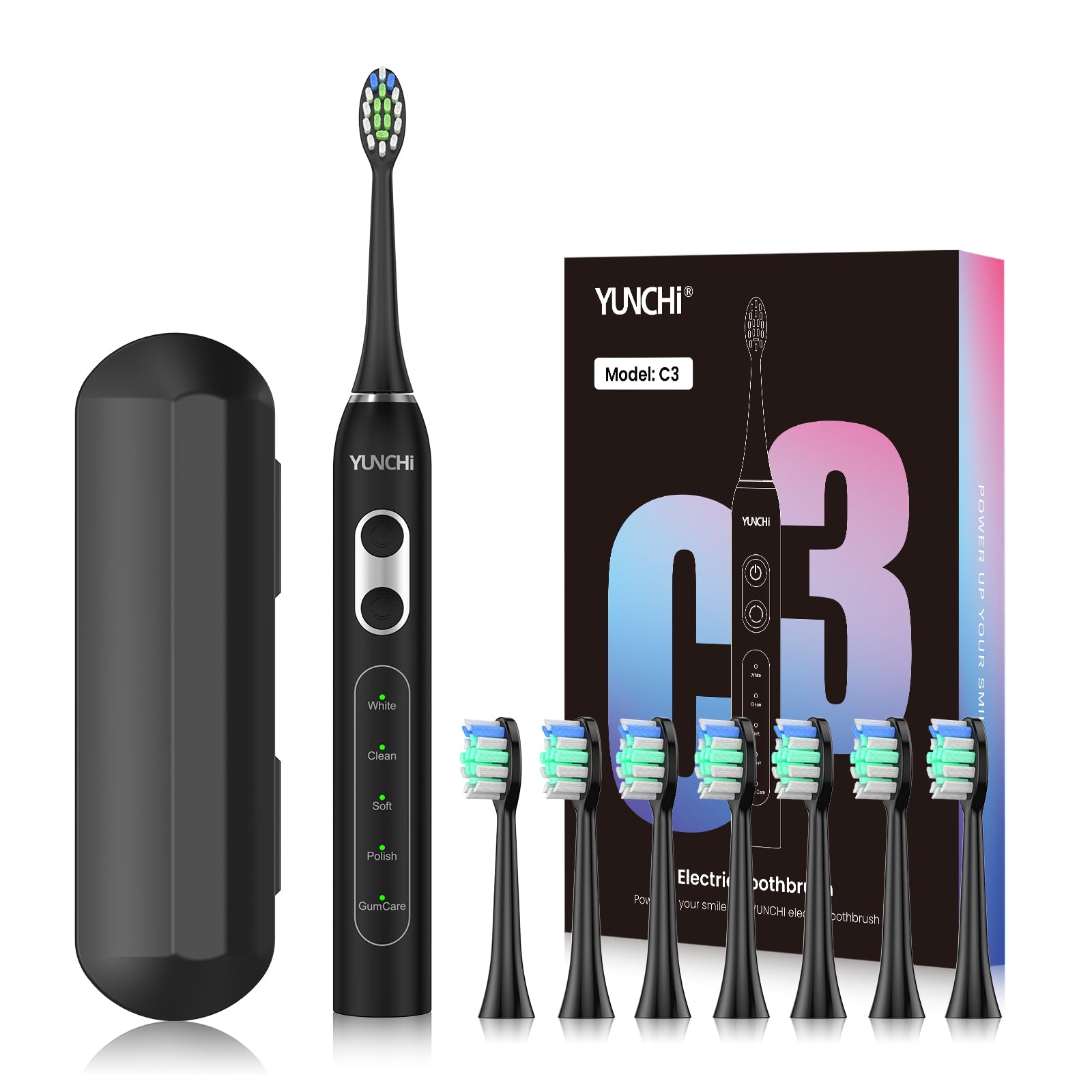 YUNCHI Y2 Charcoal Sonic Electric Toothbrush - Whitening, 5 Modes, Smart Timer, 8 Brush Heads, Rechargeable, For Adults and Kids