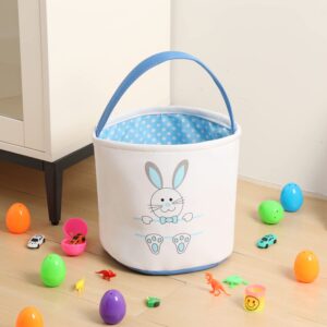 Easter Basket Easter Bucket Bunny Basket for Kids, Canvas Bunny Print Basket, Egg Hunt Basket Easter Bag Tote Bag Candy Toy Storage Bag (Blue)