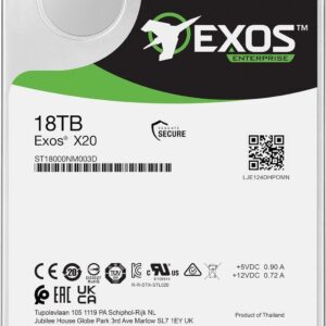 Seagate ST18000NM003D 18TB Exos X20 SATA Hard Drive, 3.5" HDD, SATA 6Gb/s, 7200rpm, 256MB Cache, 512E, 4.16ms, NCQ