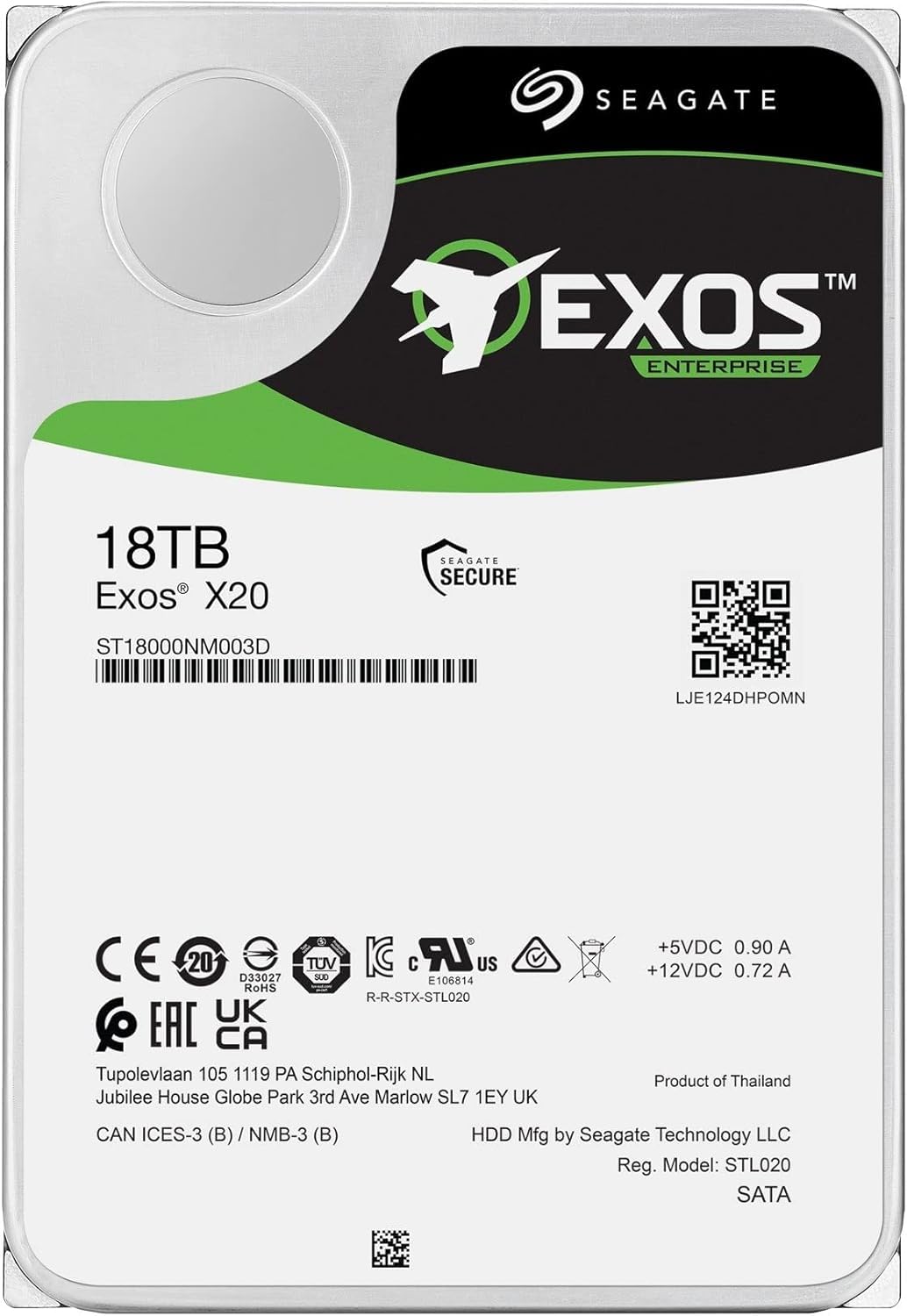 Seagate ST18000NM003D 18TB Exos X20 SATA Hard Drive, 3.5" HDD, SATA 6Gb/s, 7200rpm, 256MB Cache, 512E, 4.16ms, NCQ