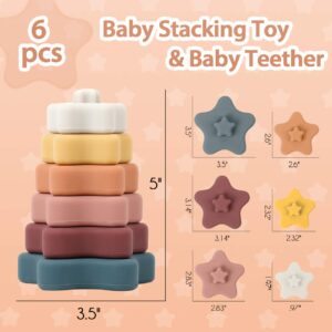 haakaa Silicone Star Stacking Toys, Baby Stacking Rings Baby Stacking Toys & Baby Teether, Boho Baby Toys Stacking Blocks, Silicone Infant Toys, Star Shape, 6Pacs.