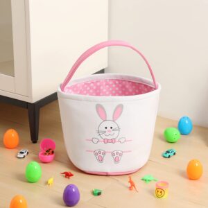 Easter Basket Easter Bucket Bunny Basket for Kids, Canvas Bunny Print Basket, Egg Hunt Basket Easter Bag Tote Bag Candy Toy Storage Bag (Pink+Blue)