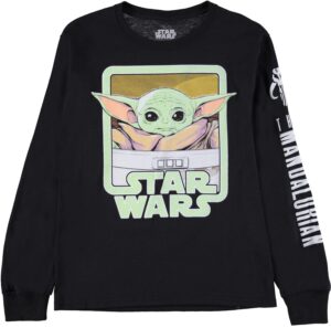 star wars boys classic t-shirt baby yoda boys long sleeve shirt - darth vader, c3po, baby yoda & storm trooper (black, medium)