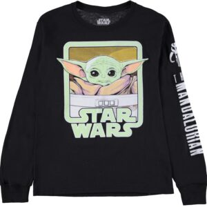 STAR WARS Boys Classic T-Shirt Baby Yoda Boys Long Sleeve Shirt - Darth Vader, C3PO, Baby Yoda & Storm Trooper (Black, Medium)