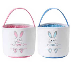 easter basket easter bucket bunny basket for kids, canvas bunny print basket, egg hunt basket easter bag tote bag candy toy storage bag (pink+blue)