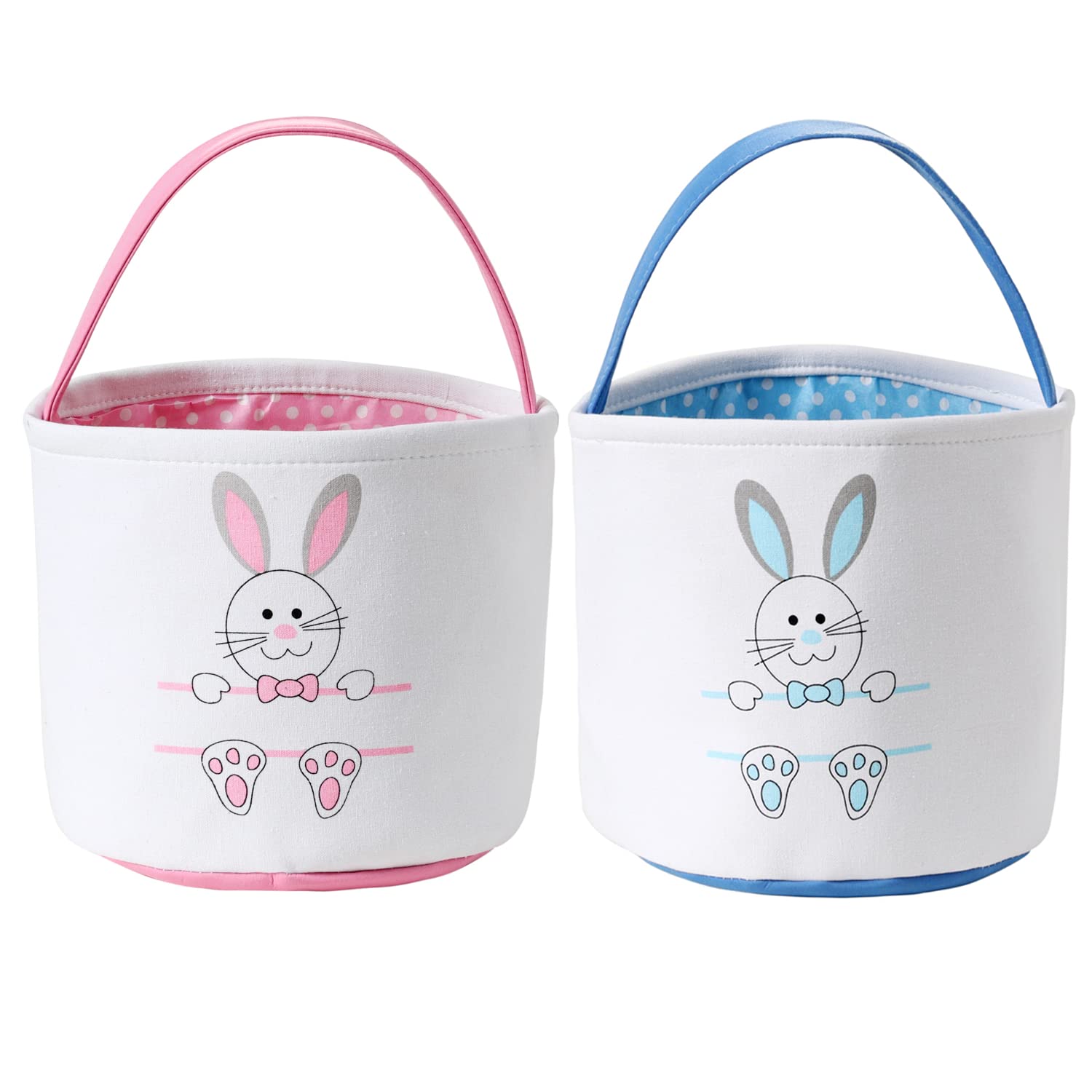 Easter Basket Easter Bucket Bunny Basket for Kids, Canvas Bunny Print Basket, Egg Hunt Basket Easter Bag Tote Bag Candy Toy Storage Bag (Pink+Blue)