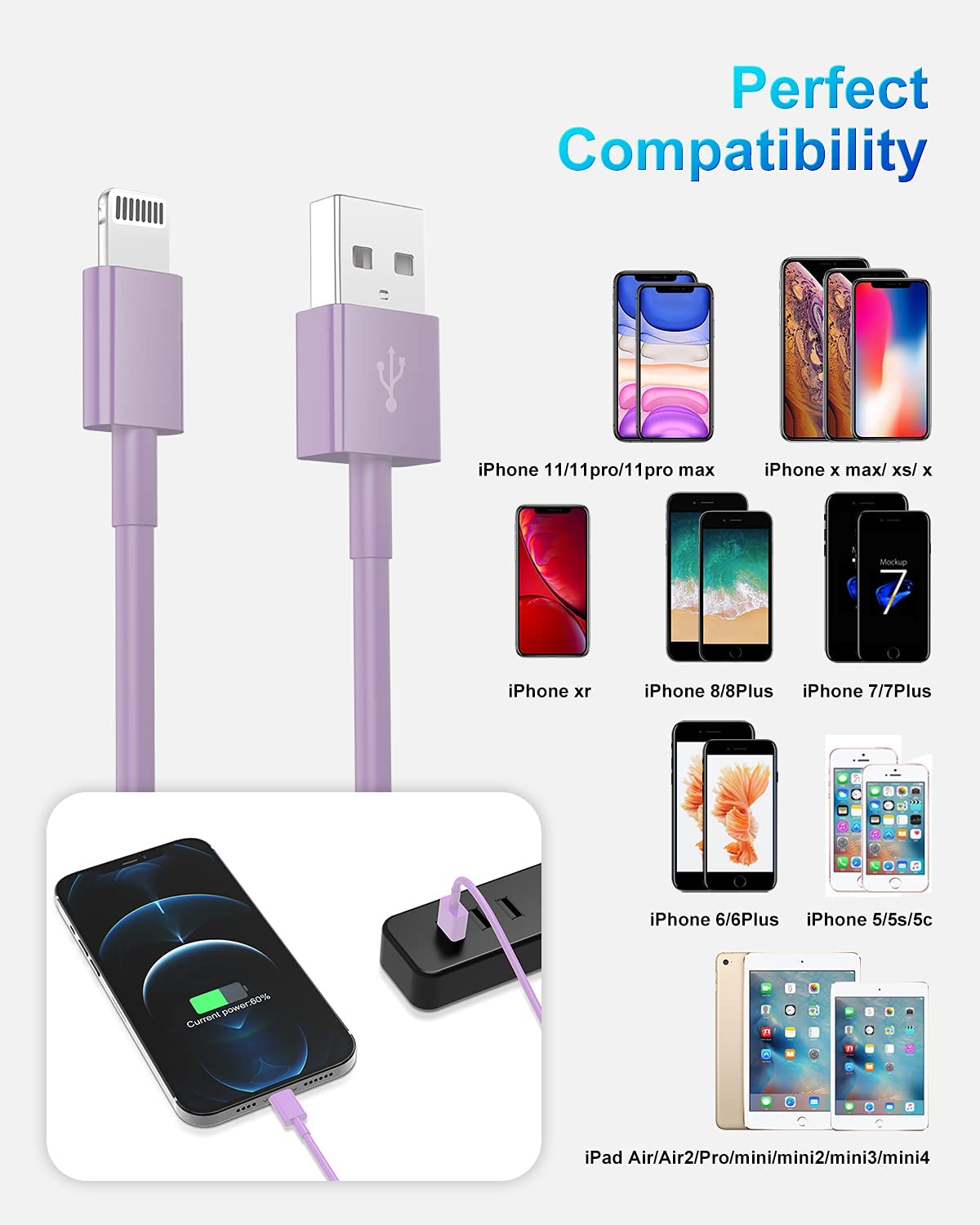 4 Pack [Apple MFi Certified] Apple Charging Cables 6ft, iPhone Chargers, Lightning Fast iPhone Charging Cord for iPhone 12/11/11Pro/11Max/ X/XS/XR/XS Max/8/7, ipad(White) (4pack(6ft), Purple, 4)