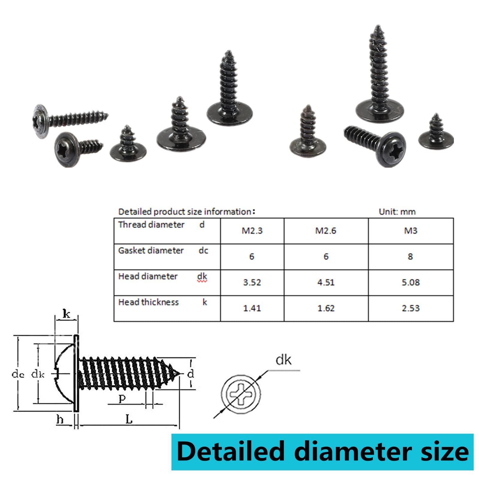 MEIYYJ 450pcs Phillips Truss Head Self Tapping Screws,M2.3 M2.6 M3 Pan Head with Washer Screw,Carbon Steel Self Drilling Screws.