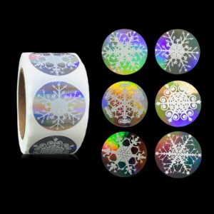 UUYYEO 500 Pcs Holographic Snowflake Stickers Christmas Adhesive Stickers Round Label Stickers for Envelope Cookie Candy Box 2.5CM