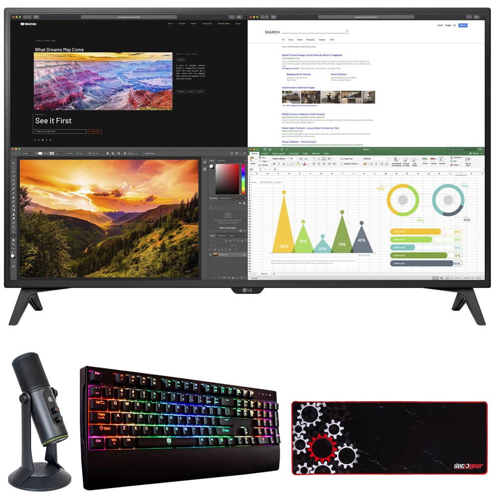 LG 43UN700T-B 43" 4K UHD 3840x2160 IPS USB-C HDR 10 Monitor Bundle with Deco Gear Mechanical Gaming Keyboard, PC Microphone for Gaming and Gaming Mouse Pad