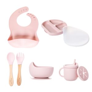 nazirababy 8 piece baby feeding set suction - silicone suction bowls, divided plates, straw sippy cup - toddler self feeding eating utensils set with bibs, spoons, fork (magic mint)