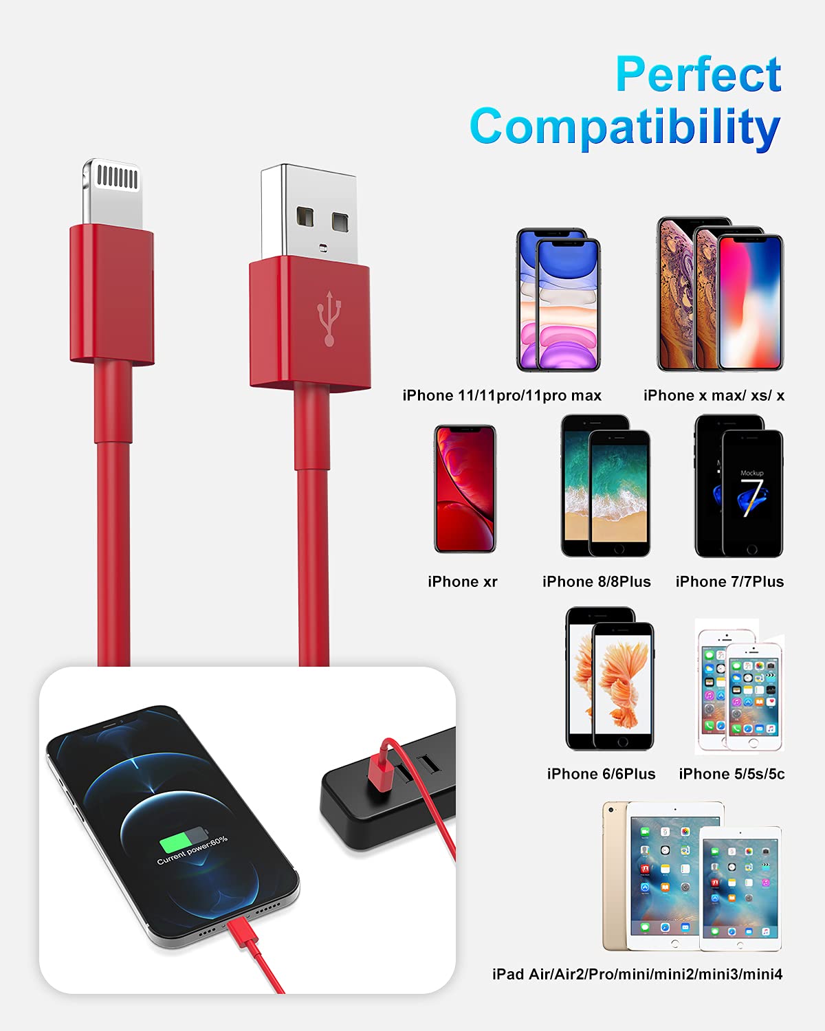 4 Pack [Apple MFi Certified] Apple Charging Cables 6ft, iPhone Chargers, Lightning Fast iPhone Charging Cord for iPhone 12/11/11Pro/11Max/ X/XS/XR/XS Max/8/7, ipad(White) (4pack(6ft), Red, 4)