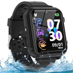 smart game watch for kids, ip67 waterproof kids smart phone watch with 11 puzzle games 1.44" hd touch screen music player camera video recorder alarm clock birthday learning toys boys girls (black)