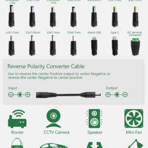 JOVNO 12W Universal AC DC Adapter Adjustable Multi-Voltage Regulated Switching Power Supply for 3V 4.5V 5V 6V 7.5V 9V 12V LED strips CCTV Motors Routers with 14 Tips 1 Reverse Polarity Converter Cable