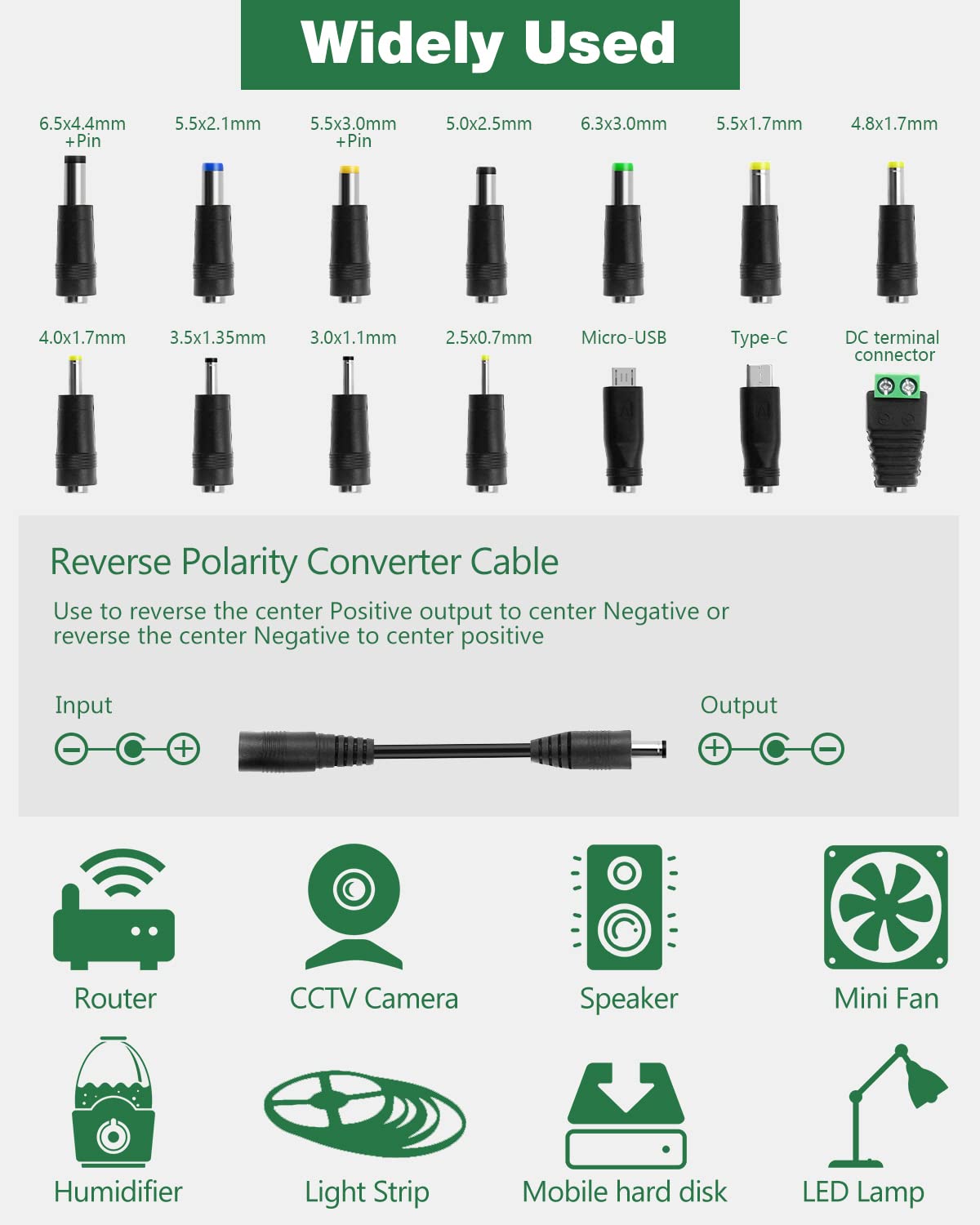 JOVNO 12W Universal AC DC Adapter Adjustable Multi-Voltage Regulated Switching Power Supply for 3V 4.5V 5V 6V 7.5V 9V 12V LED strips CCTV Motors Routers with 14 Tips 1 Reverse Polarity Converter Cable