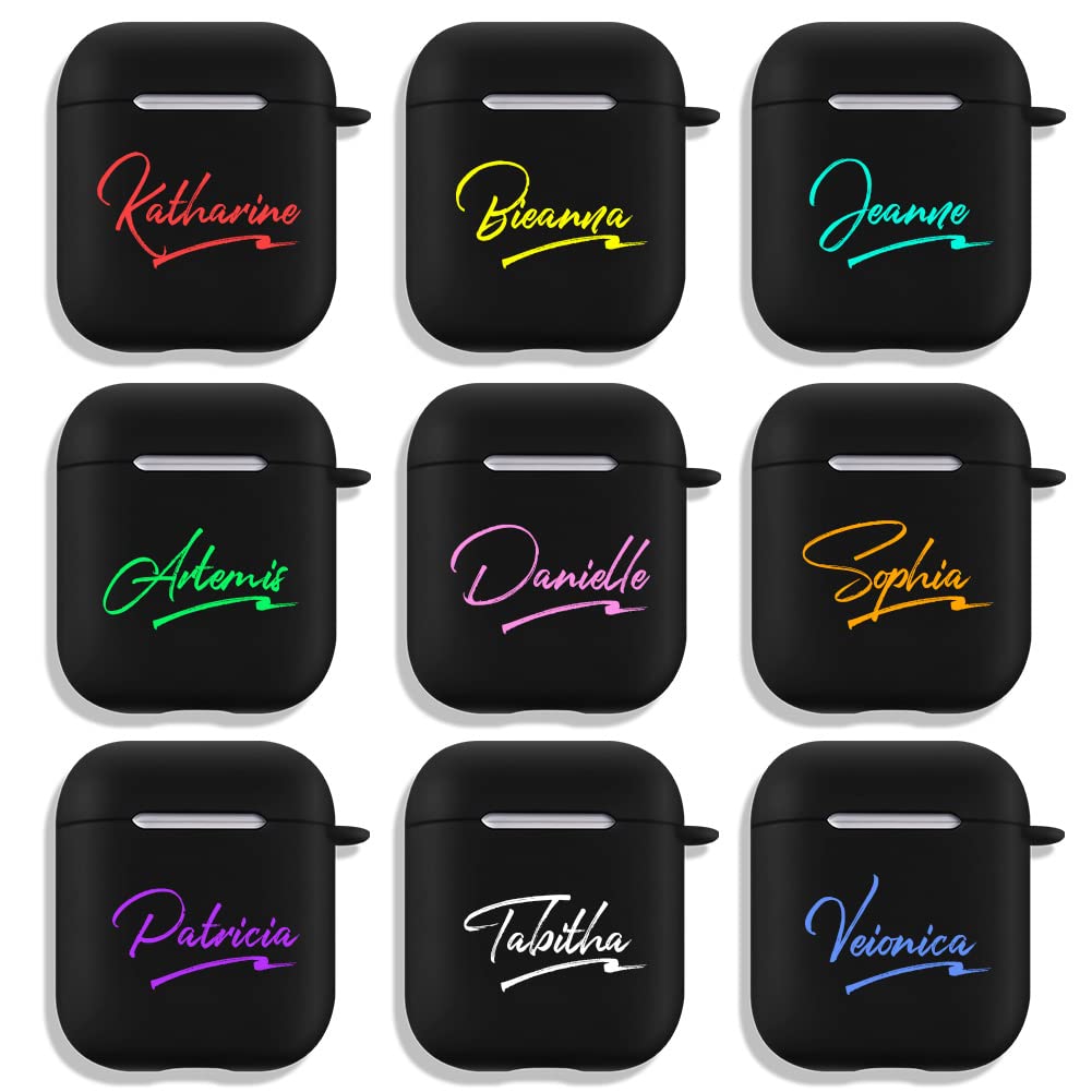 Custom AirPods Case for Apple AirPod 2 and 1, Shock Soft Absorption Black TPU Cover, Personalized Name Airpod Cases with Keychain