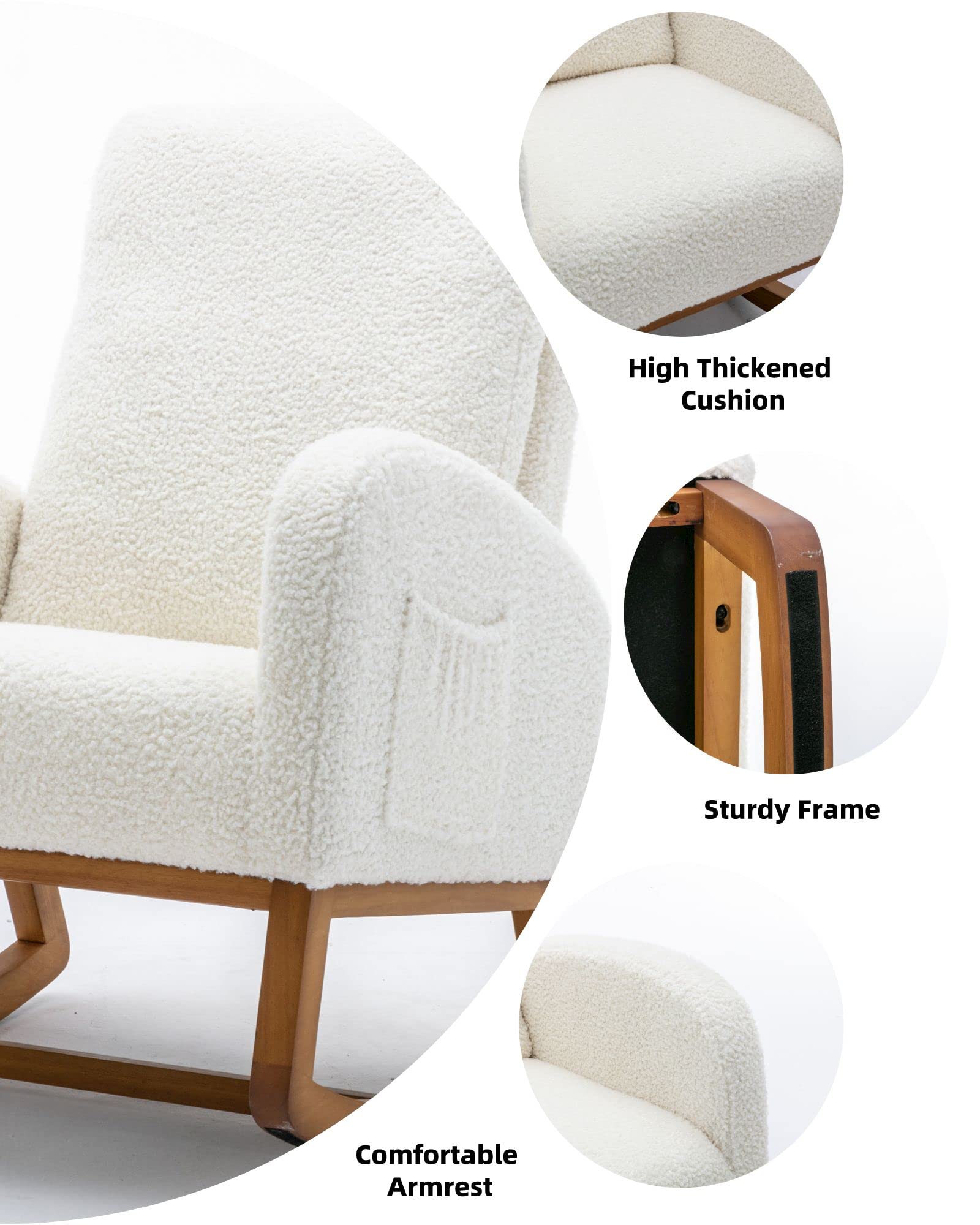 Luccalily Rocking Accent Chair, Upholstered Rocking Glider Chair with Fabric Padded Seat and Solid Wood Base, Armchair with Side Pocket for Nursery,Modern Design for Living Room, Bedroom