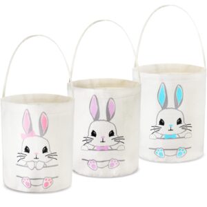 weewooday 3 pack cute bunny easter basket personalized easter basket large custom easter egg hunt basket with handle, canvas rabbit bags buckets for party gifts(pink, purple, blue)