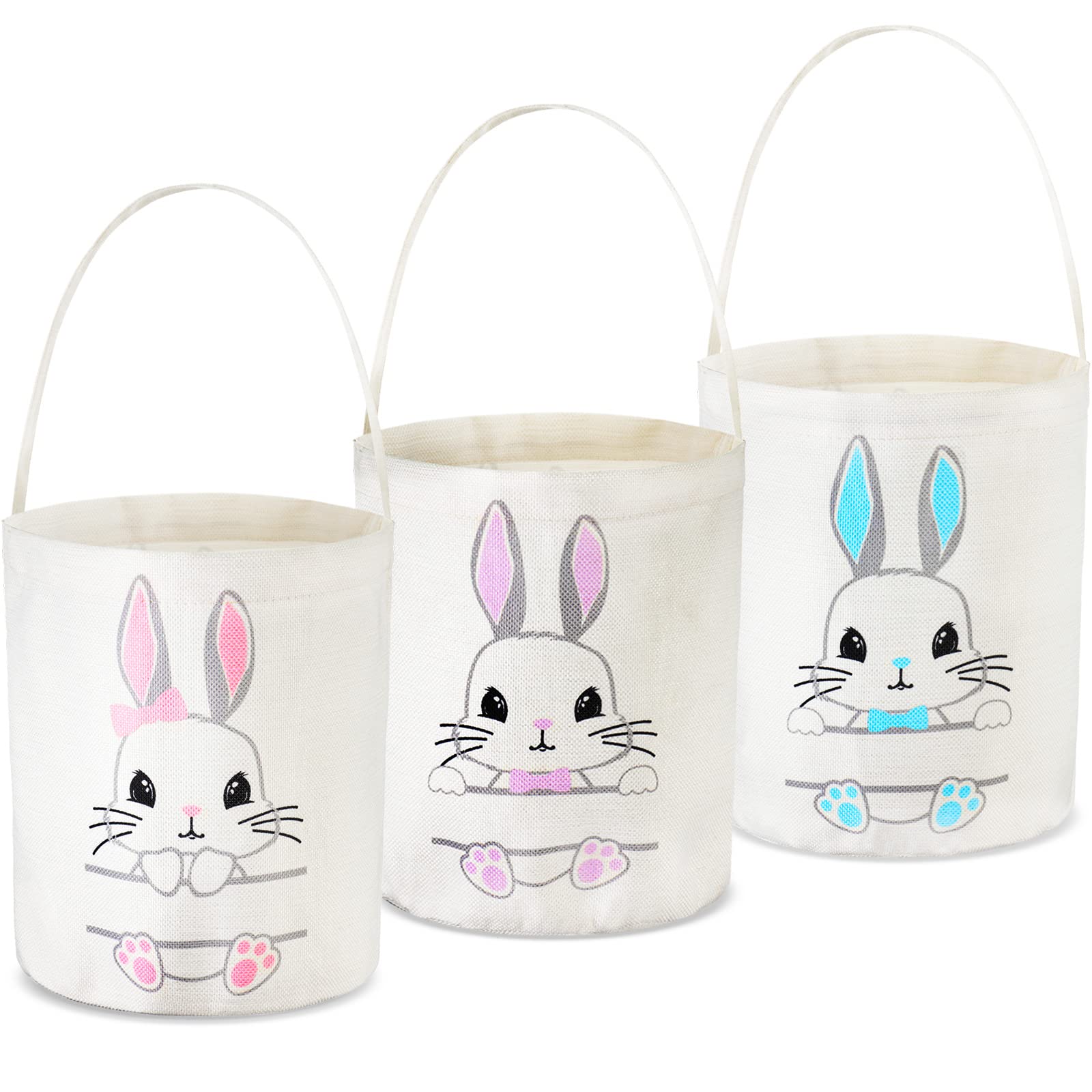 Weewooday 3 Pack Cute Bunny Easter Basket Personalized Easter Basket Large Custom Easter Egg Hunt Basket with Handle, Canvas Rabbit Bags Buckets for Party Gifts(Pink, Purple, Blue)