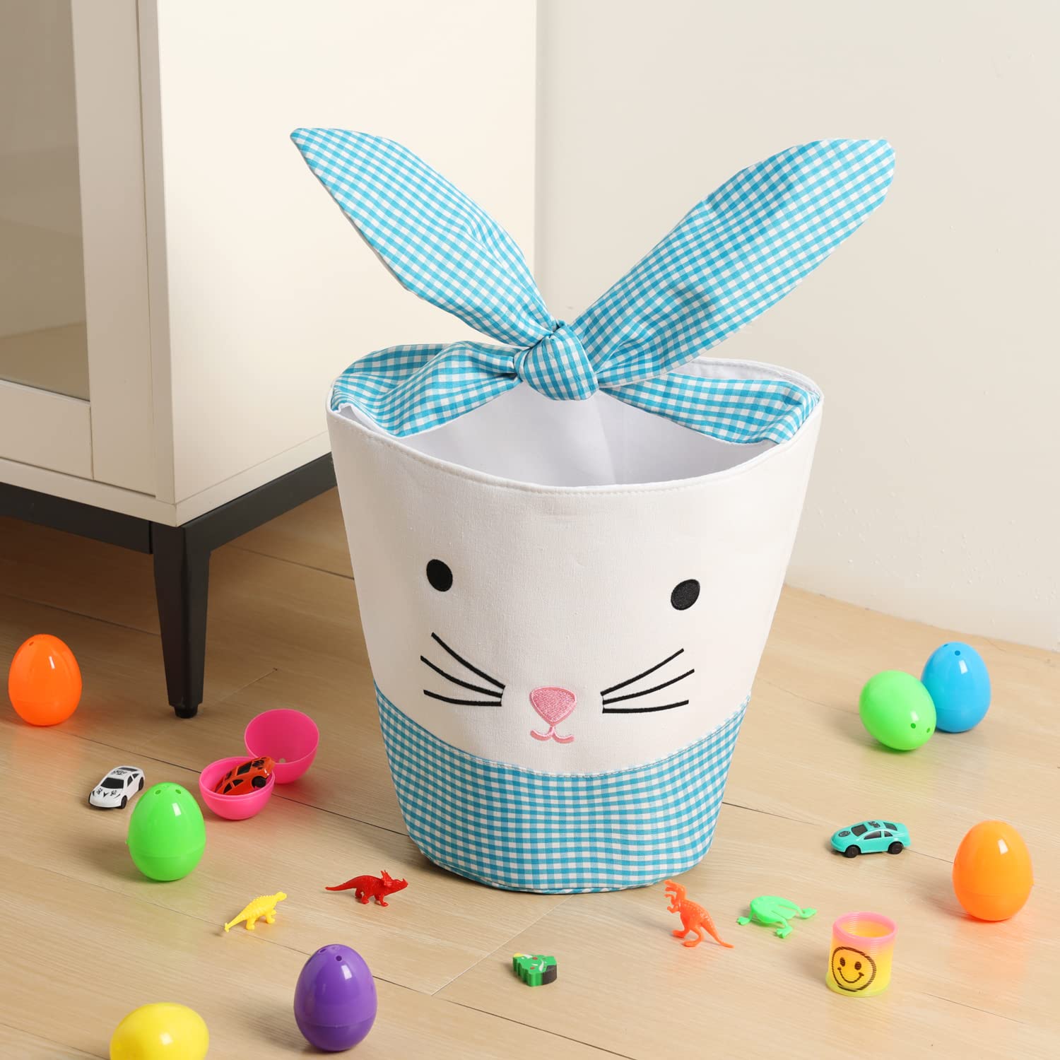 Easter Basket with Bunny Ears, Easter Bunny Basket Easter Bucket Egg Hunt Basket for Girls, Boys, Candy Egg Toy Easter Basket Tote Bag (Blue)