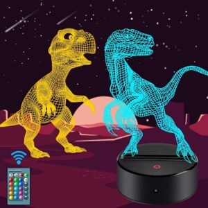 amazefan dinosaur night light for kids-3d bedside lamp 16 colors change remote control with 2 acrylic flats best christmas birthday gifts for boys girls kids baby (2 dinosaurs)