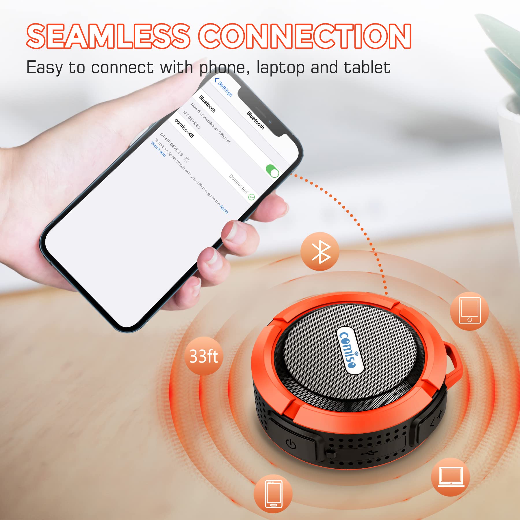 comiso Bluetooth Shower Speaker, Portable Waterproof Wireless Speake with HD Sound, Long Playtime, Built-in Micphone, Suction Cup and Hook for Home Poolside Camping Hiking (Orange)