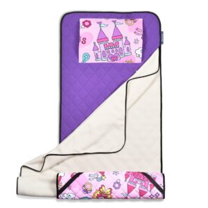 krand kids nap mat with washable pillow and blanket all-in-one comfy bedding for toddler boys & girls preschool daycare cot,features 100% cotton sleep side and elastic straps-pink castle