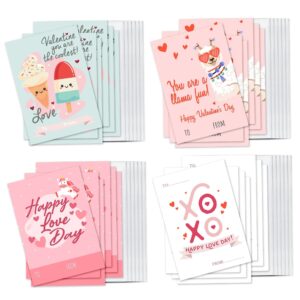 mobiusea creation valentines cards for kids | 24 cards with envelopes | 3.5 x 5 | funny and cute | llama, ice cream, unicorn, xo for valentines day cards, kids school valentines and valentines day