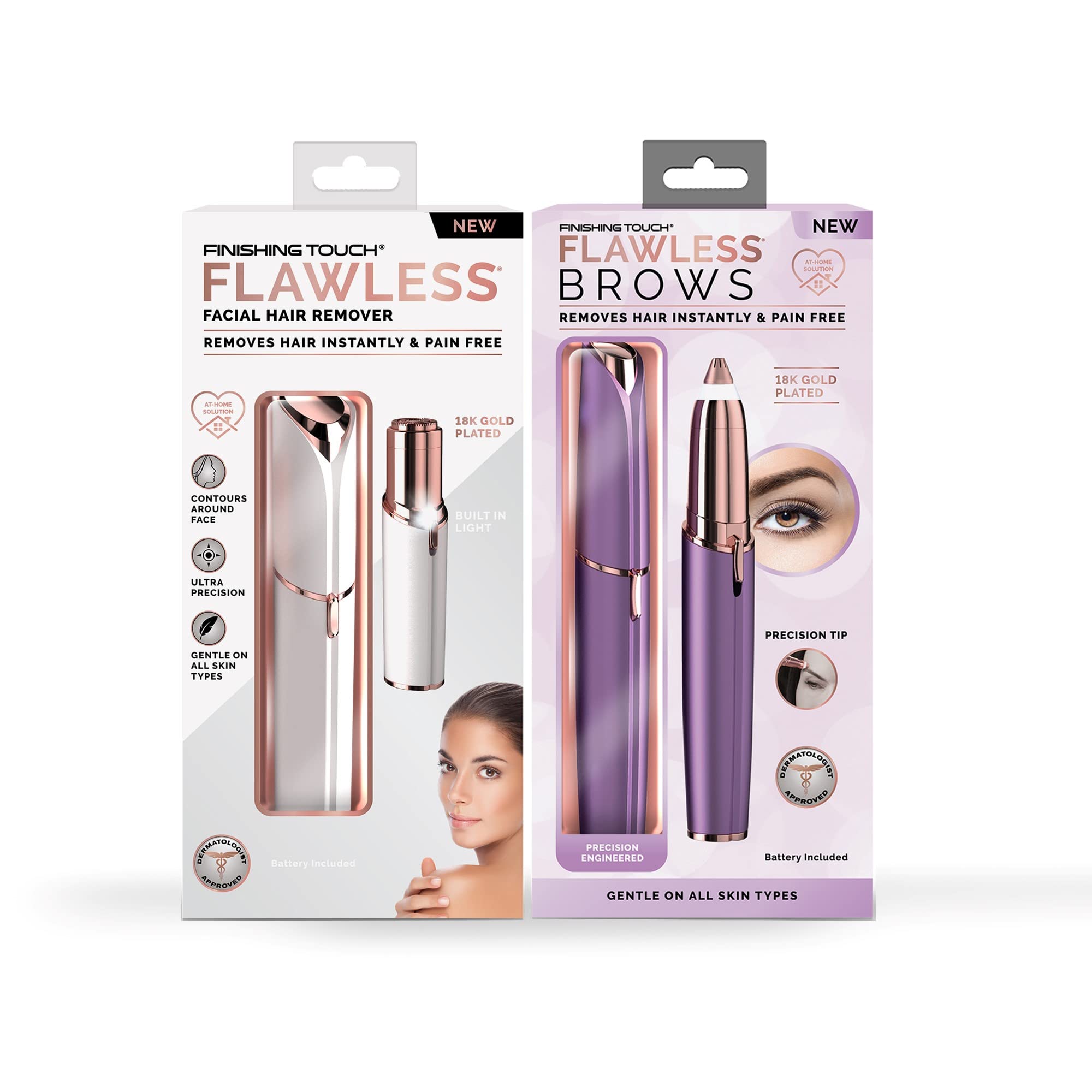 Finishing Touch Flawless Women's Painless Hair Remover, White/Rose Gold with Finishing Touch Flawless Brows Eyebrow Pencil Hair Remover and Trimmer, Purple