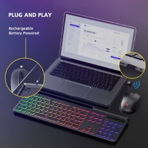 Backlit 2.4G Wireless Keyboard and Mouse Combo, Illuminated Full-Sized Rechargeable Keyboard & Silent Mouse Set with Rainbow Lighting & Integrated Cradle for Macbooks, PC Computer & Laptop