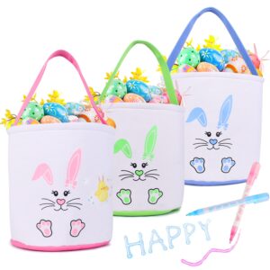 3pcs easter basket for kids easter bunny canvas candy basket bulk, diy personalized easter large buckets tote bags egg hunt gifts basket easter party favors decorations with 2pcs double line pens