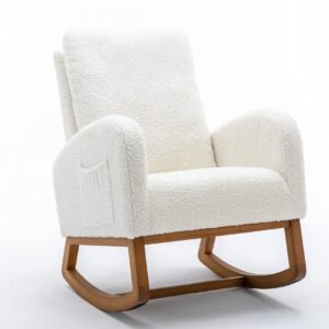 Luccalily Rocking Accent Chair, Upholstered Rocking Glider Chair with Fabric Padded Seat and Solid Wood Base, Armchair with Side Pocket for Nursery,Modern Design for Living Room, Bedroom