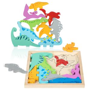 wooden dinosaur puzzles for toddlers 2-4, stacking dinosaur blocks toys for kids 3-5, toddler montessori toys for 2 3 4 year old boy girl birthday gifts