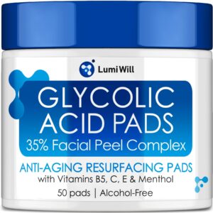 glycolic acid pads - exfoliating pads with glycolic acid, vitamins b5, c, e & menthol - peel pads for acne - anti-aging glycolic acid resurfacing pads for fine lines and wrinkles - 50 pads (pack of 2)