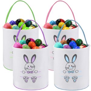 4 pieces easter bunny basket egg bags for kids cloth tote bags canvas cotton empty personalized candy egg basket bunny print buckets carrying presents and eggs hunt bag toys bucket boys girls