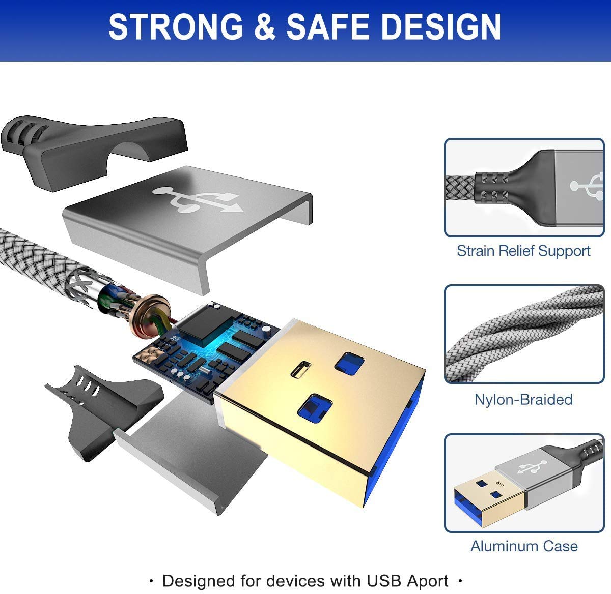 AkoaDa USB A to USB A Cable 6.6 FT, USB 3.0 Male to Male Cable,Braided Nylon High-Speed Transfer USB 3.0 to USB 3.0 Cable for Hard Drive Enclosures, Cameras, DVD Player, Laptop More (Grey)