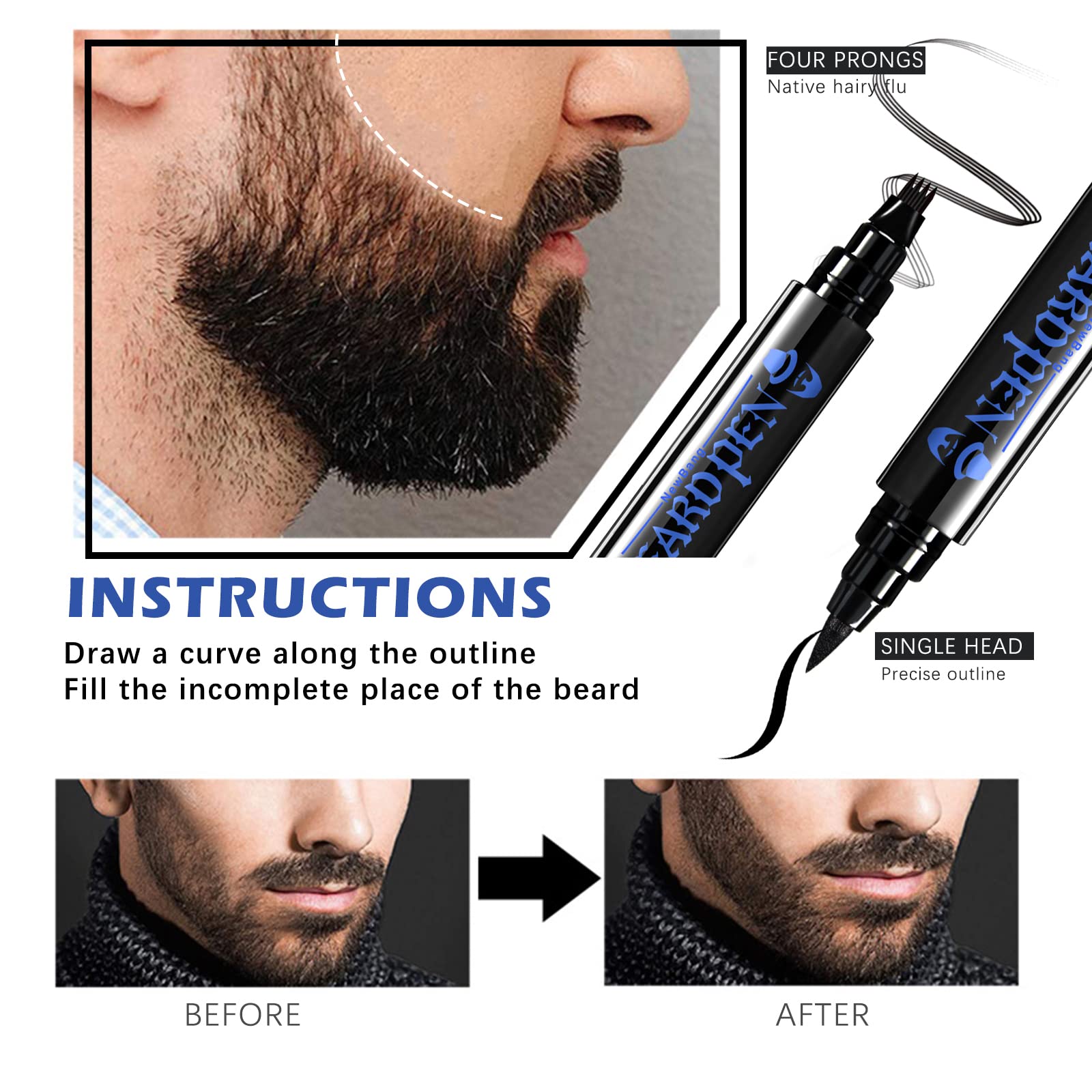 NewBang Beard Pencil Kit - Waterproof and Long-Lasting 4 Tip Pen for Natural Looking Beard, Moustache & Eyebrows (Black, 2PCS)