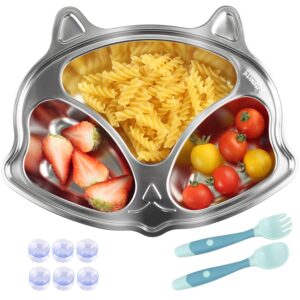 holipot 304 stainless steel divided plates, food-grade toddlers babies kids tray, 1300 ml toddler plates with suction, self feeding training kids plates,fits for most high chairs trays (fox)