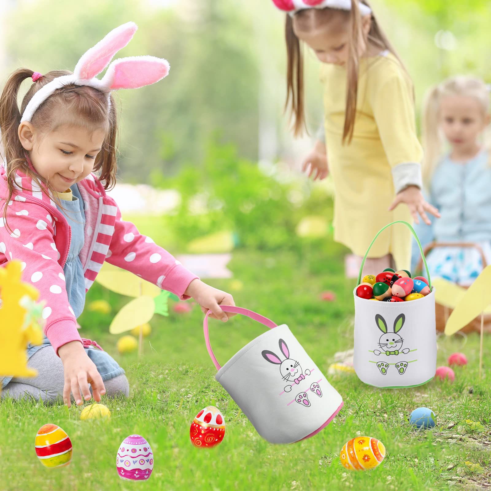 4 Pieces Easter Bunny Basket Egg Bags for Kids Cloth Tote Bags Canvas Cotton Empty Personalized Candy Egg Basket Bunny Print Buckets Carrying Presents and Eggs Hunt Bag Toys Bucket Boys Girls