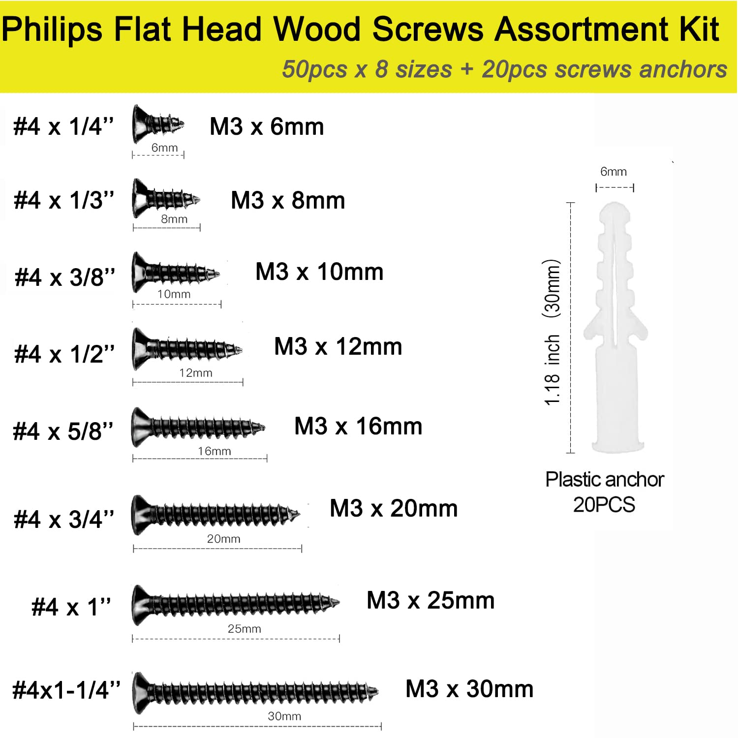 LERNOU M3 Assortment Kit, Philips Flat Wood Screws Set, Short Cabinet Screws,Small Screws Fasteners, 400pcs Screws and 20Pcs Screw Anchors