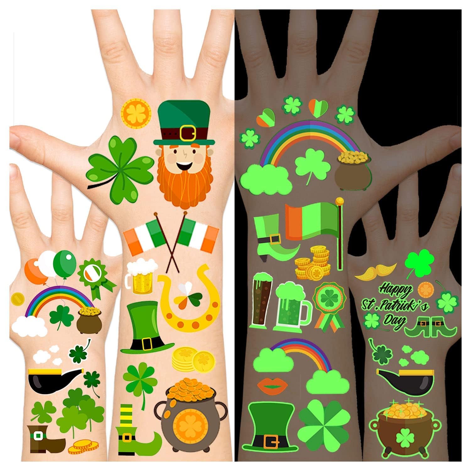 Leesgel St Patricks Day Tattoos Stickers, Luminous Shamrock Tattoos, St. Paddy’s Party Parade Favors Supplies Decorations (10 Sheets)