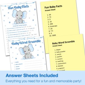 Papery Pop Baby Shower Games for Boy - Set of 4 Games for 30 Guests - Double Sided Cards - Baby Shower Supplies - Elephant