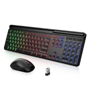 backlit 2.4g wireless keyboard and mouse combo, illuminated full-sized rechargeable keyboard & silent mouse set with rainbow lighting & integrated cradle for macbooks, pc computer & laptop