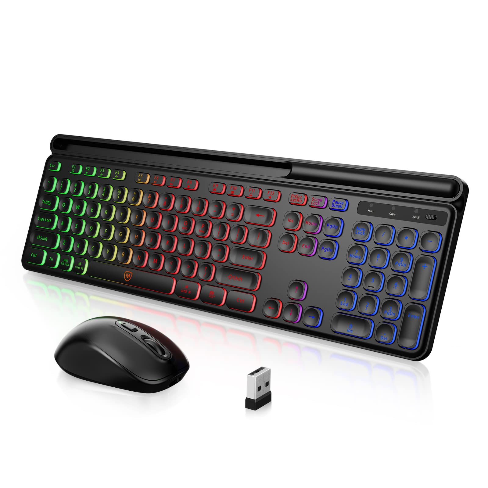 Backlit 2.4G Wireless Keyboard and Mouse Combo, Illuminated Full-Sized Rechargeable Keyboard & Silent Mouse Set with Rainbow Lighting & Integrated Cradle for Macbooks, PC Computer & Laptop