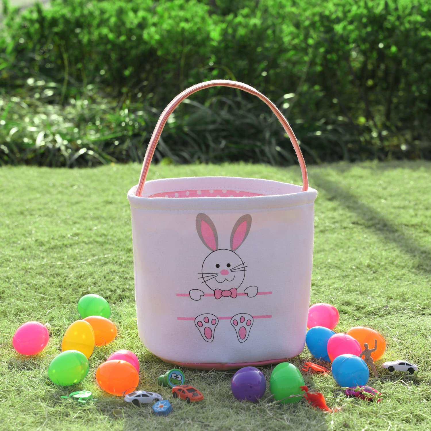 Easter Basket Easter Bucket Bunny Basket for Kids, Canvas Bunny Print Basket, Egg Hunt Basket Easter Bag Tote Bag Candy Toy Storage Bag (Pink+Blue)