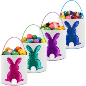 4 pcs easter basket bags canvas bunny basket egg bag bunny tote bag easter eggs hunt basket bucket rabbit fluffy tails party celebrate toys carry candy egg bucket rabbit print buckets for gift sets