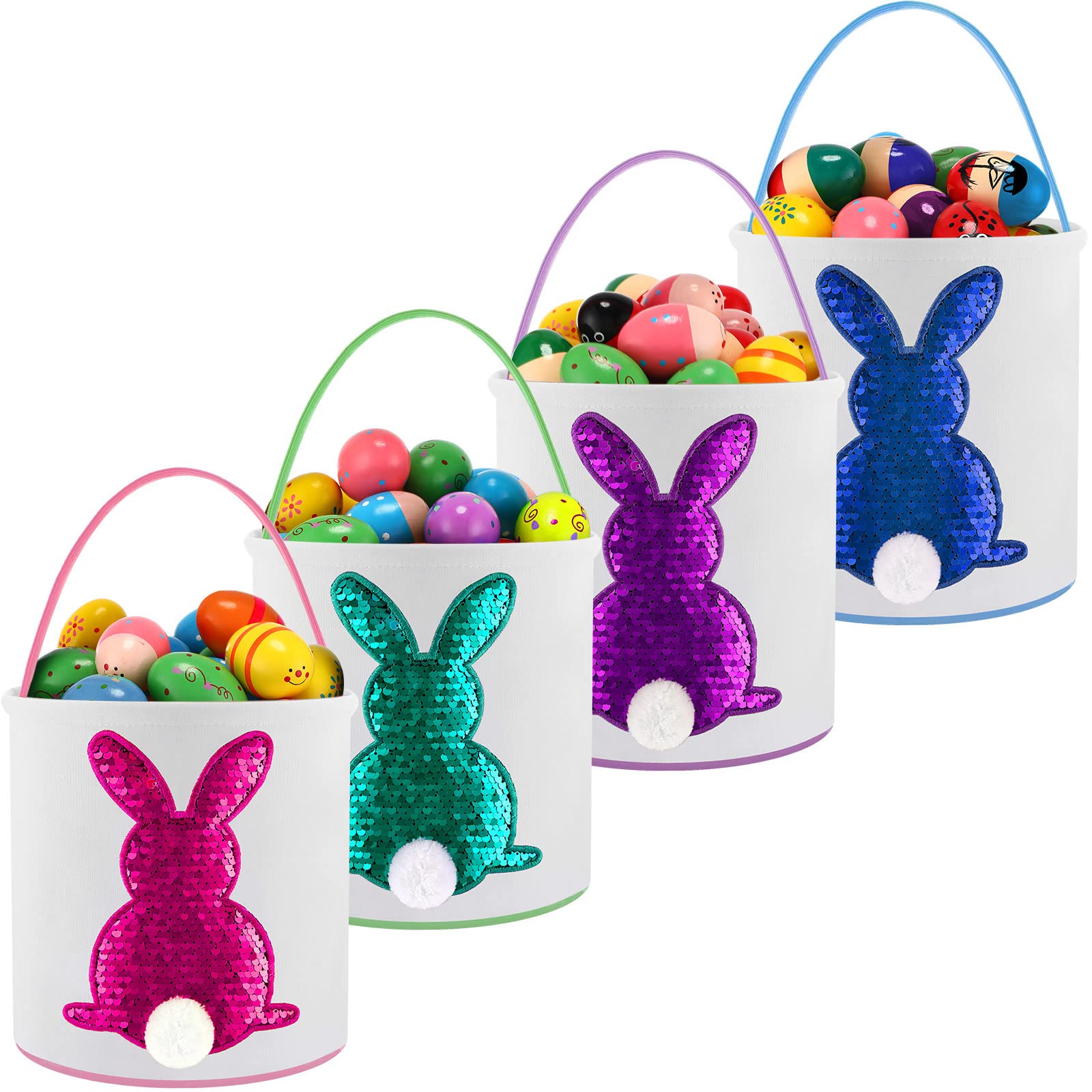 4 Pcs Easter Basket Bags Canvas Bunny Basket Egg Bag Bunny Tote Bag Easter Eggs Hunt Basket Bucket Rabbit Fluffy Tails Party Celebrate Toys Carry Candy Egg Bucket Rabbit Print Buckets for Gift Sets